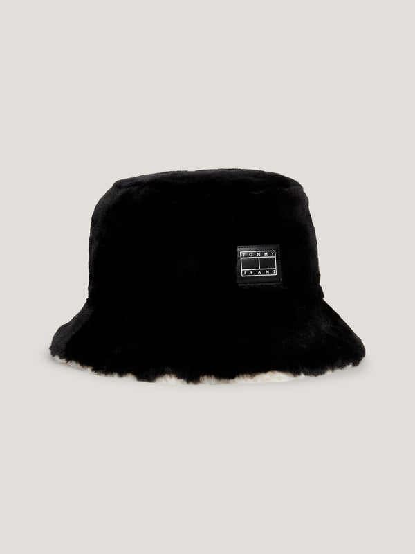 Tommy Hilfiger Fuzzy Rev Bucket Hat Black and Bleached Stone