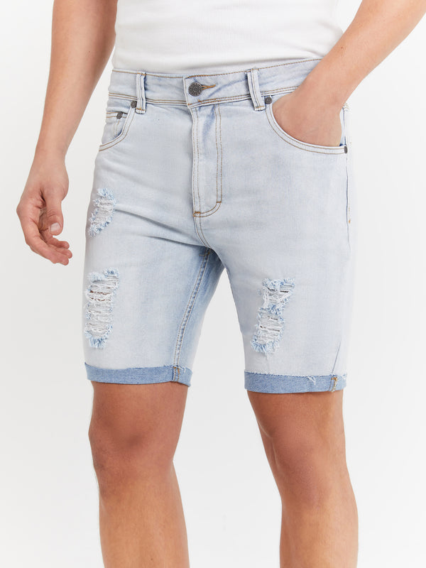 Article One Zane Skinny Denim Shorts Stone Blue Rip