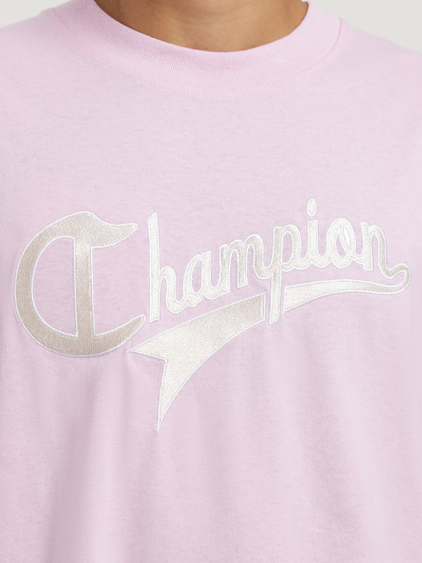Champion Heritage Cursive Logo T-Shirt in Pink Posy Pink | Glue Store