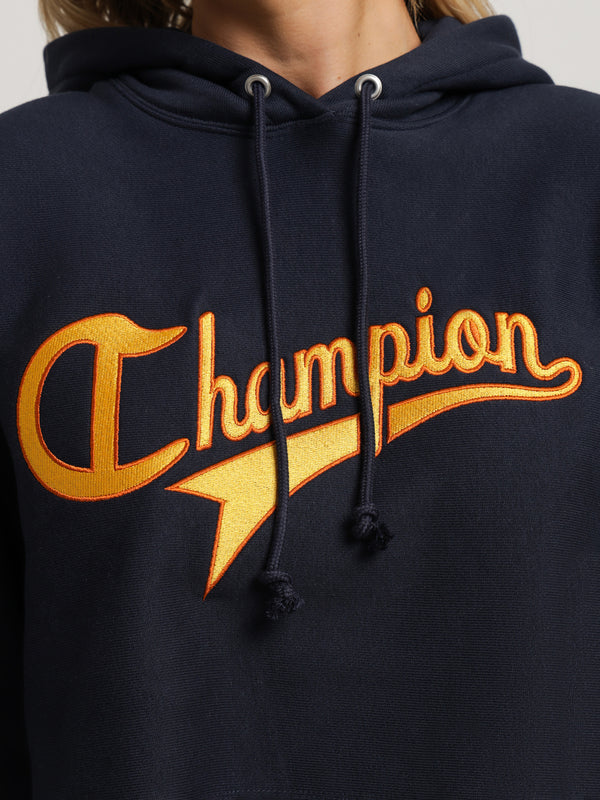 Reverse Weave Collegiate Cursive Script Hoodie in Navy | Glue Store