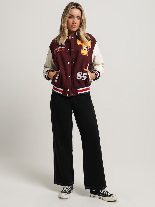College Oversized Fit Letterman Jacket in Deep Rouge | Glue Store