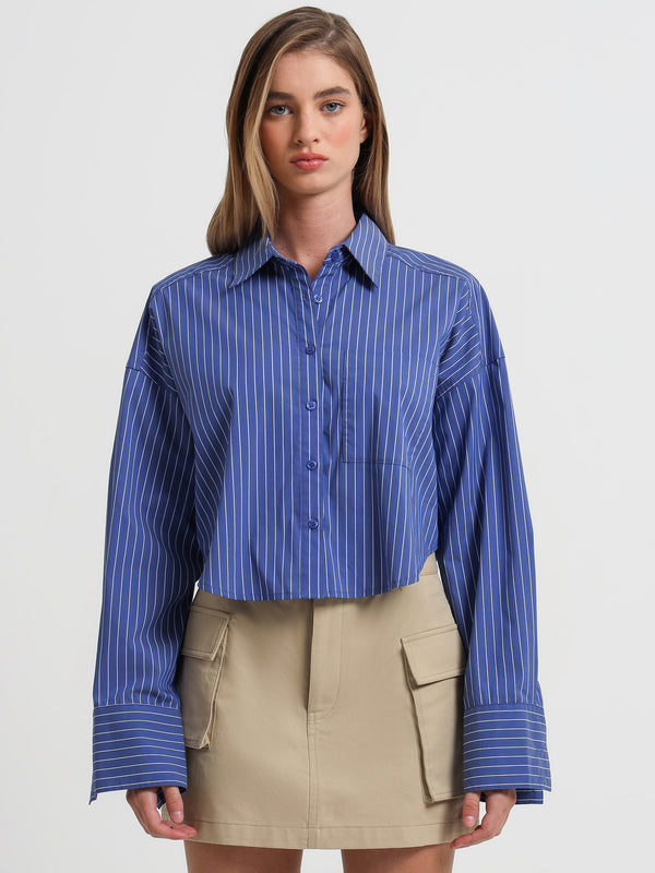 Misha Urban Jacey Cropped Oversized Shirt Blue | Glue Store
