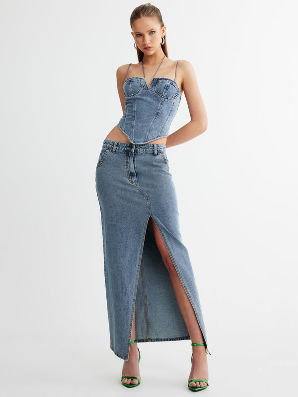 Lioness Barbie Split Midi Skirt Faded Denim | Glue Store