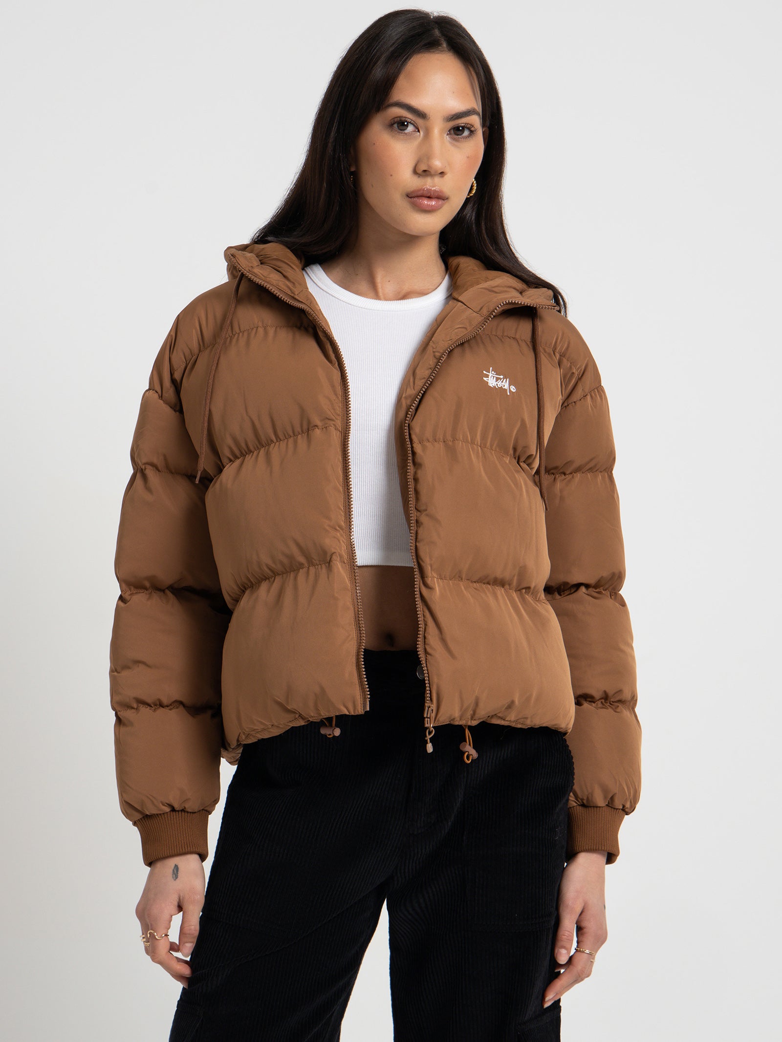Stussy Graffiti Hood Puffer Jacket Coffee | Glue Store